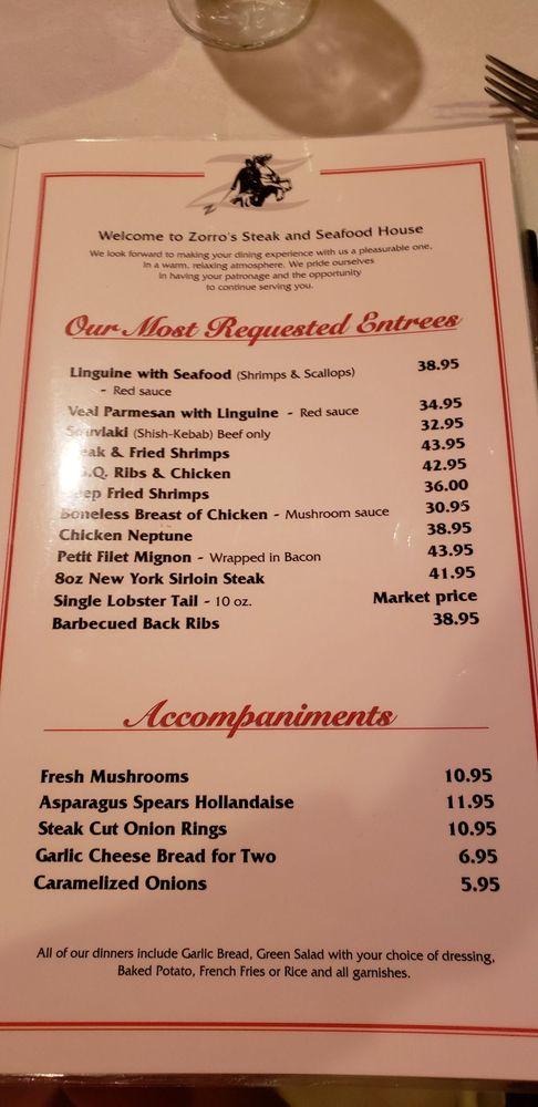 Menu at Zorro's Steakhouse, Mississauga