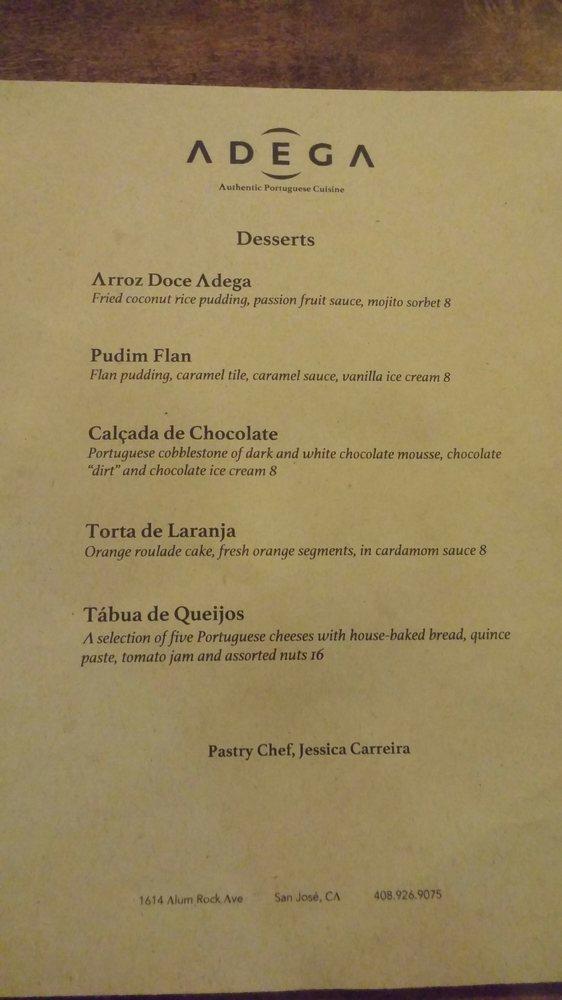 Menu at ADEGA restaurant, San Jose, 1614 Alum Rock Ave