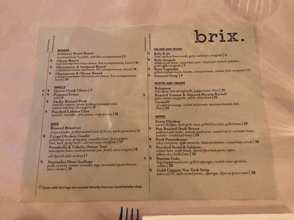 Menu at Brix pub & bar, Flagstaff