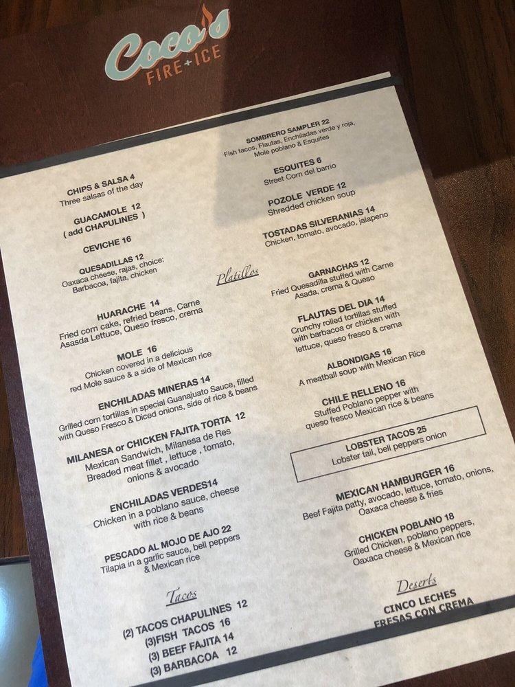 Menu at Coco’s Fire & Ice restaurant, Dallas
