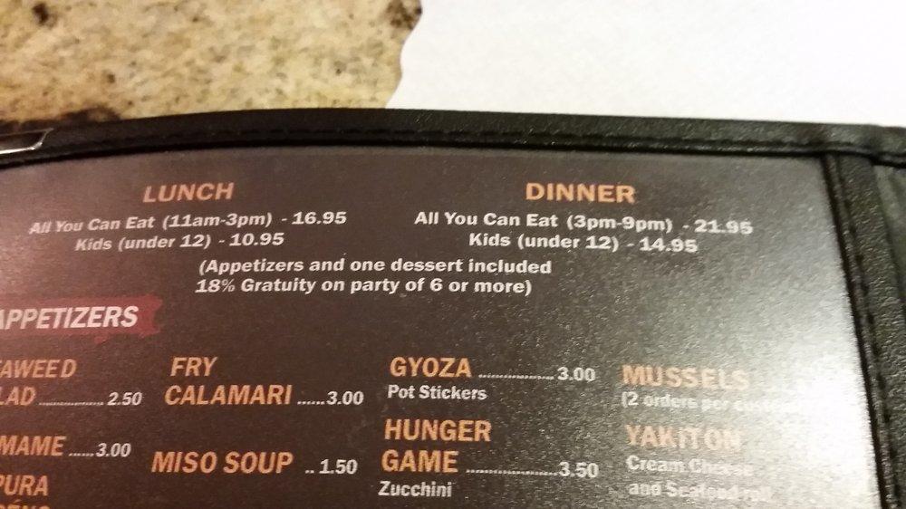 Menu at JJ's Sushi restaurant, Sparks