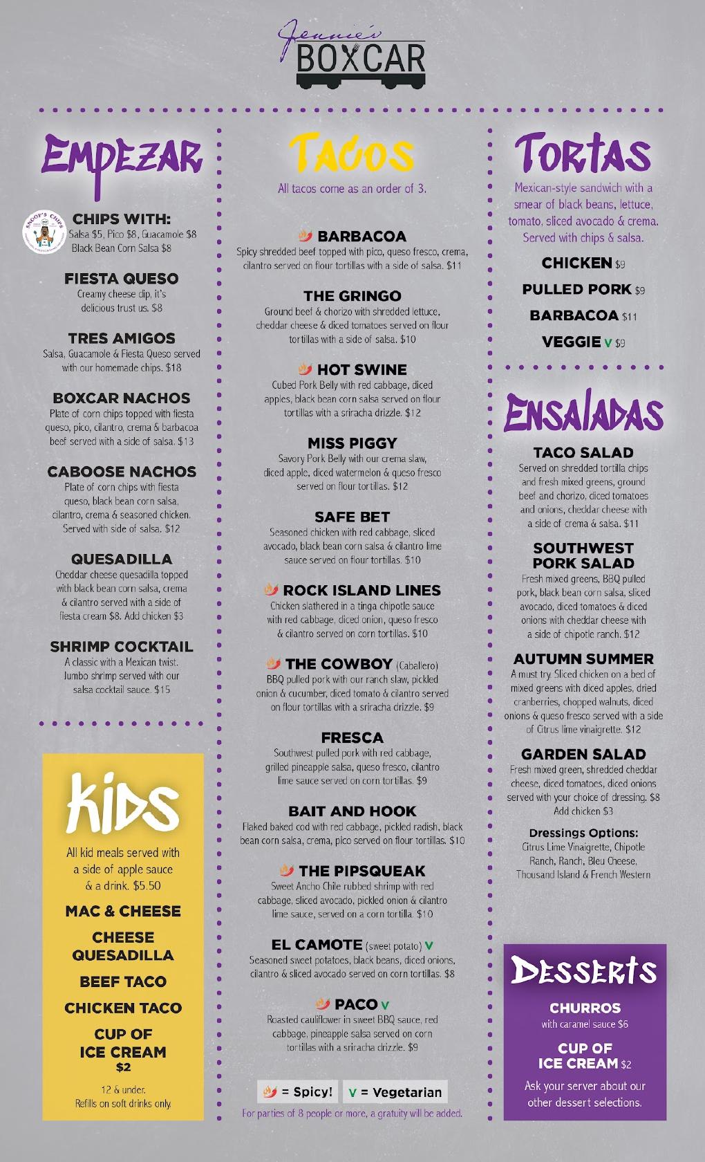 Menu at Jennie's Boxcar, LLC restaurant, East Moline