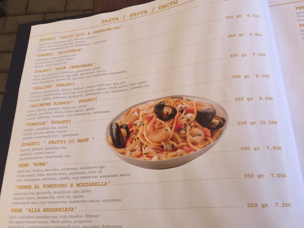 Menu at Mondo restaurant, Kotor