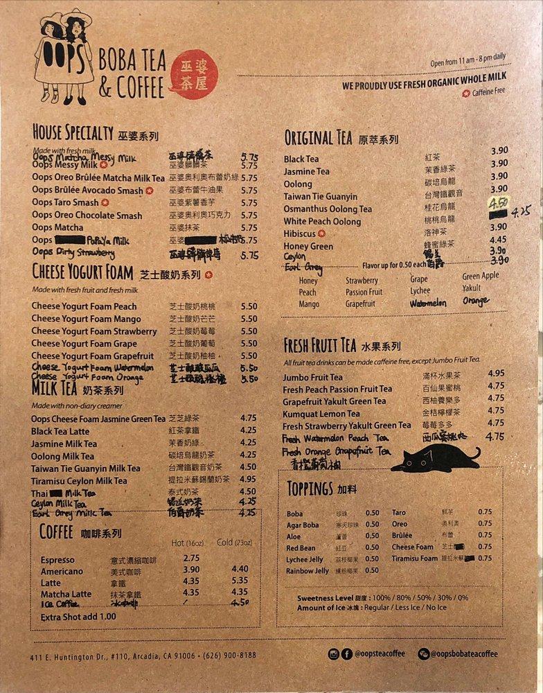 Menu at Oops Boba Tea & Coffee cafe, Arcadia