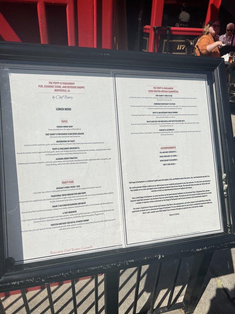 Menu at The Poppy and Parliament pub & bar, Huntsville