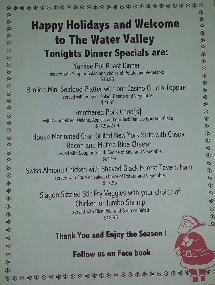 Menu at Water Valley Inn restaurant, Hamburg