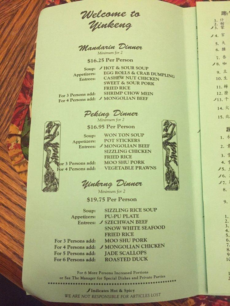 Menu at Yin Keng Restaurant, Windsor