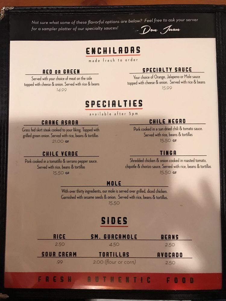 Menu at Don Juan's Mexican Kitchen restaurant, Tenino, 639 Lincoln Ave E