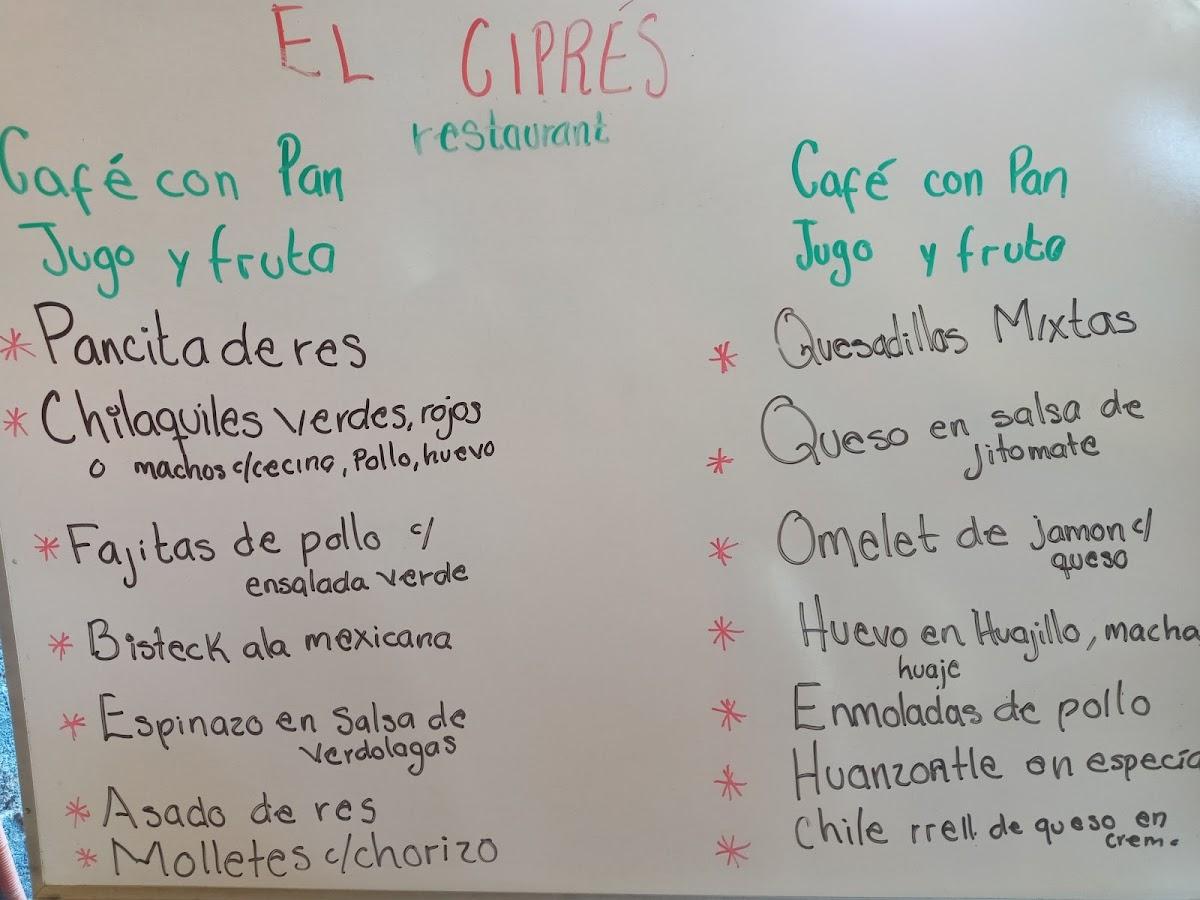 Menu at El Ciprés restaurant, Mexico