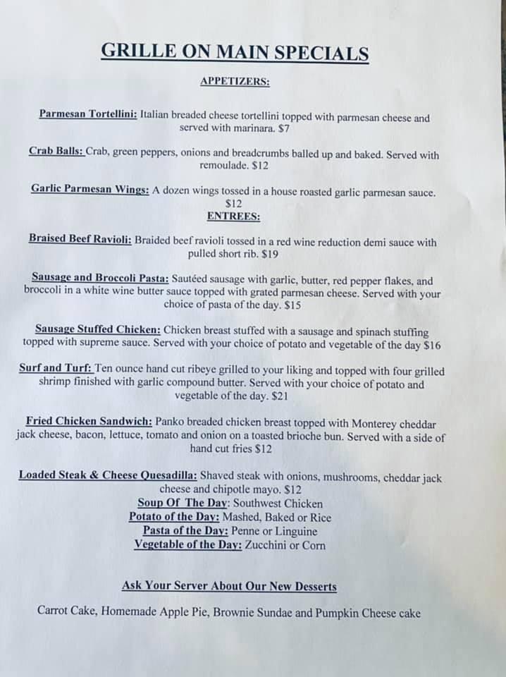 Menu at Grille on Main Restaurant & Bar, Douglas, 306 Main St