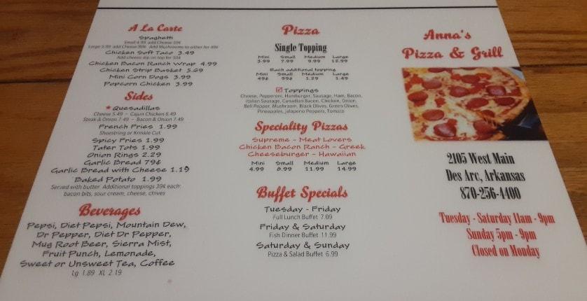 Menu at Anna's Pizza & Grill pizzeria, Des Arc