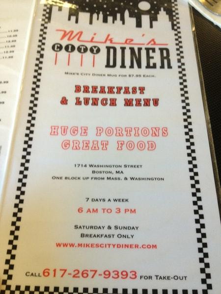 Menu at Mike's City Diner restaurant, Boston