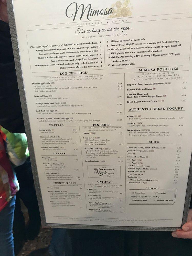 Menu at Mimosa restaurant, Brookfield