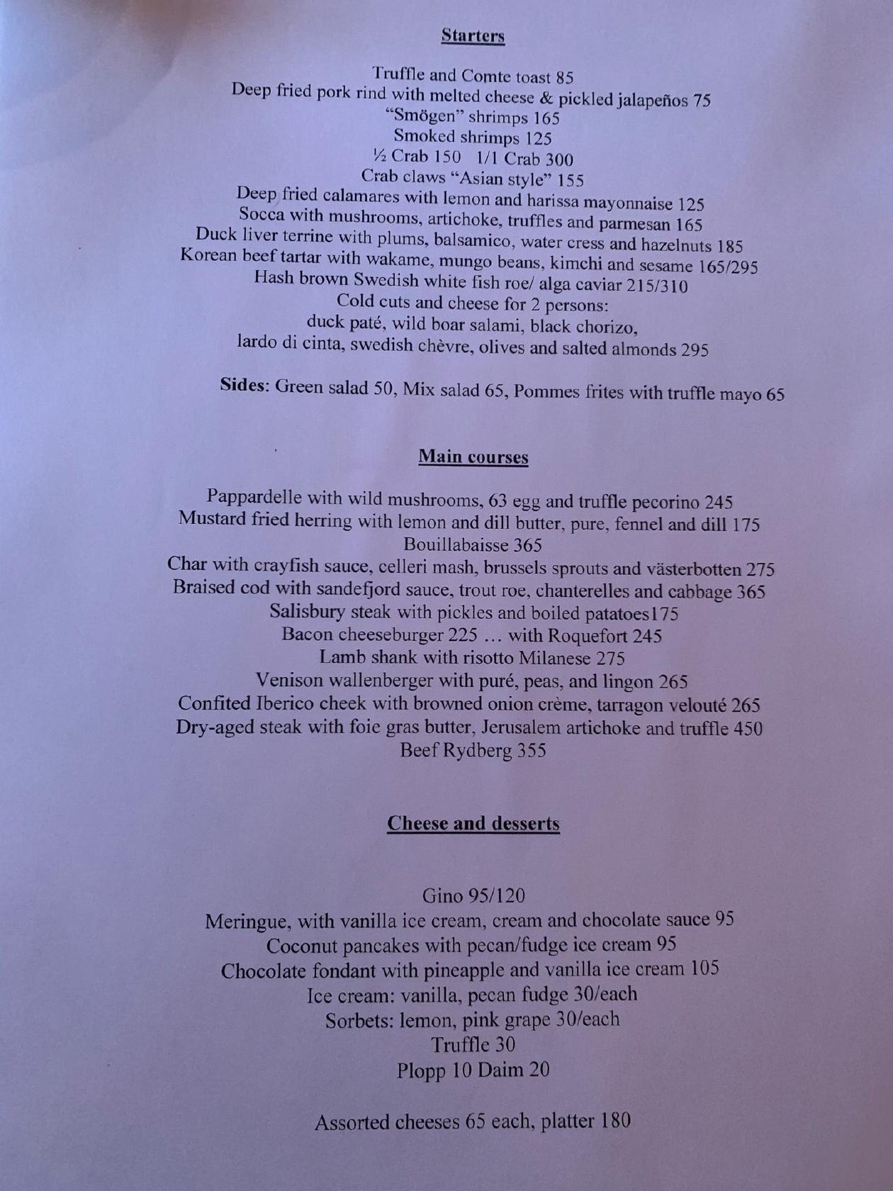 Menu at Restaurant PA&Co, Stockholm