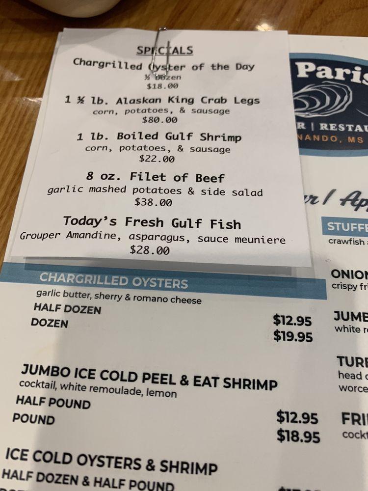 Menu at The Parish Oyster Bar & Restaurant, Hernando