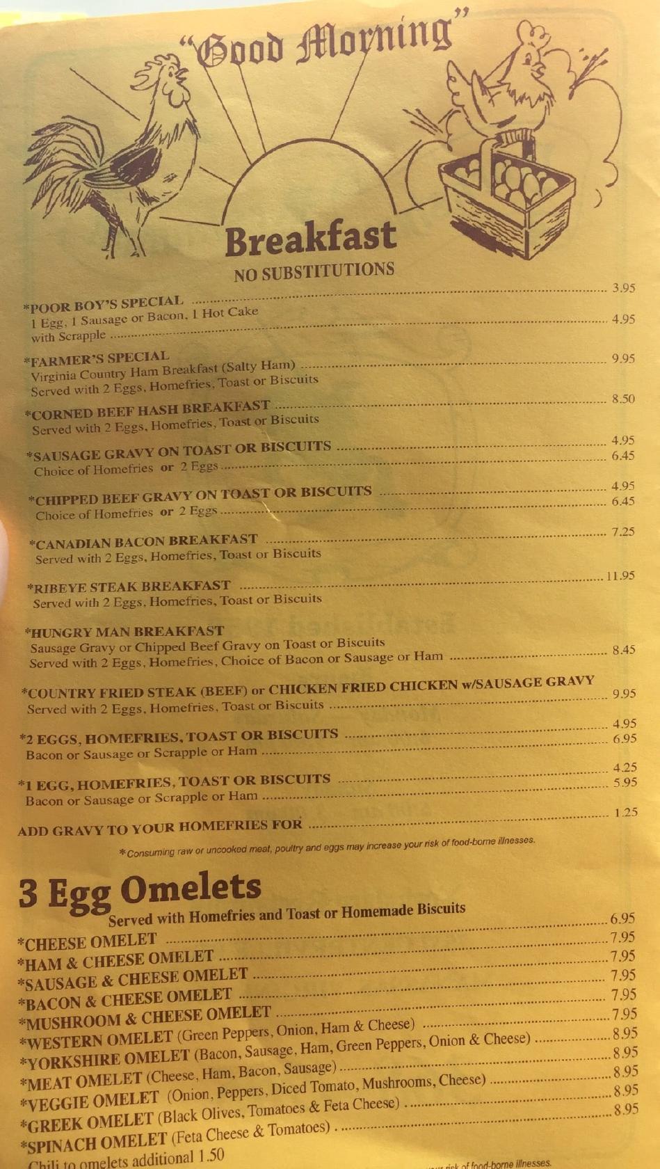Menu at Yorkshire Restaurant, Manassas
