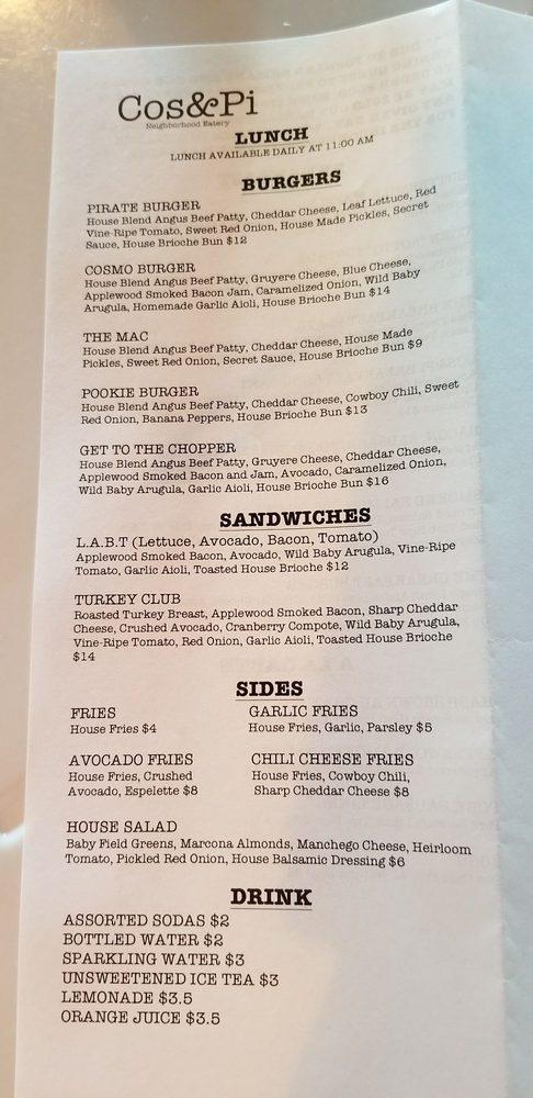 Menu at Cos & Pi restaurant, South Pasadena, 303 Pasadena Ave