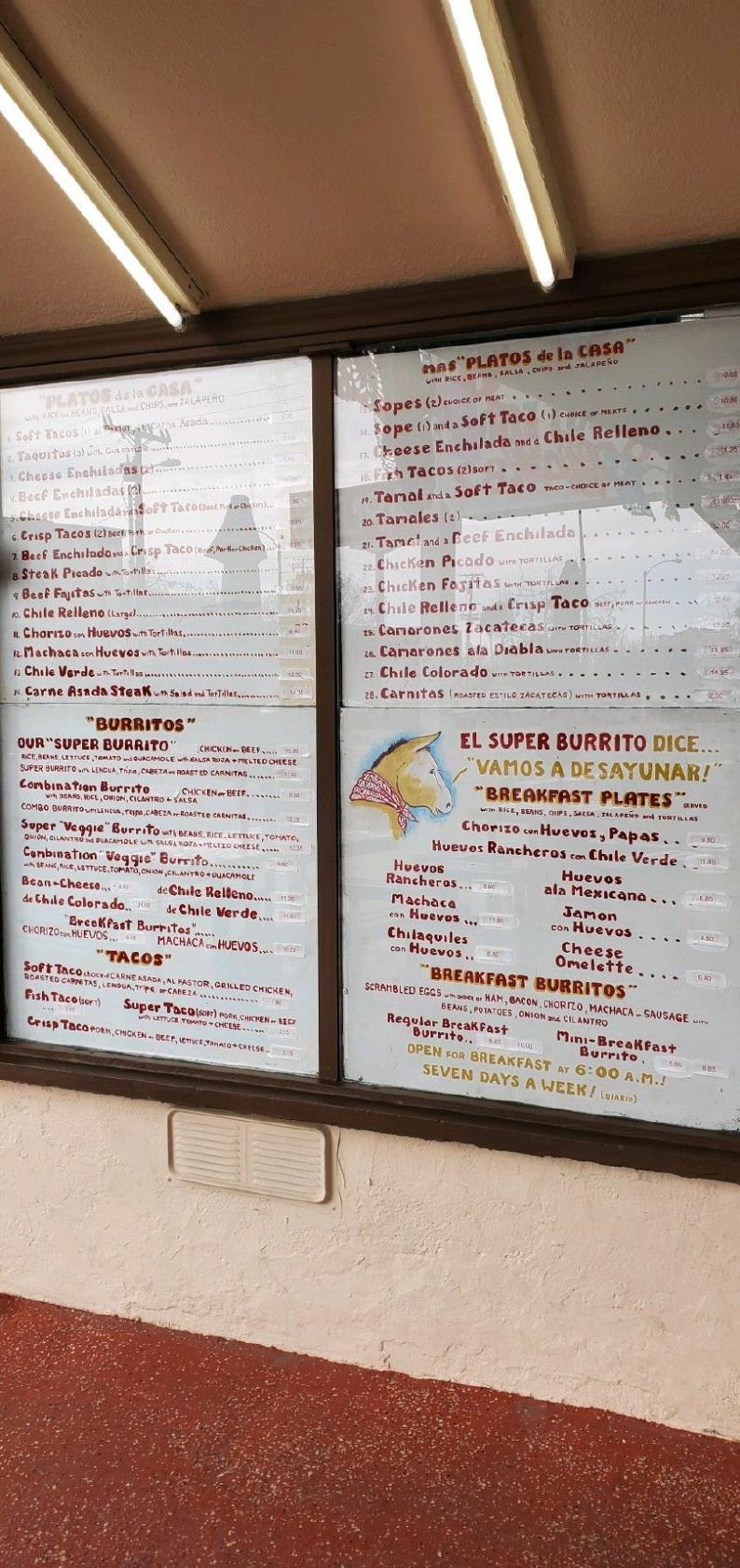 Menu at El Super Burrito restaurant, Pasadena