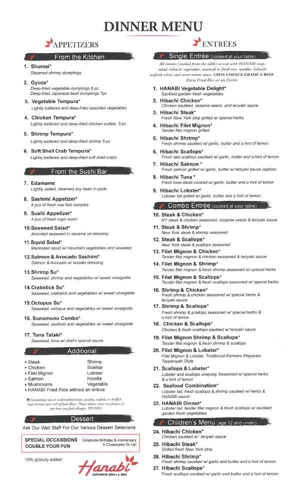 Menu at Hanabi Japanese Grill & Bar, Brandywine