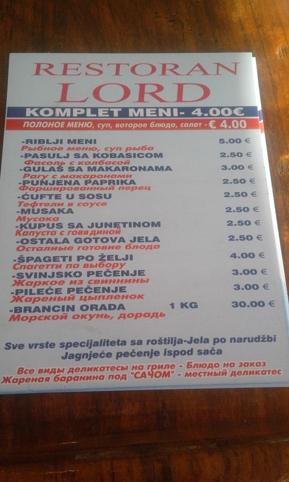 Menu at Lord restaurant, Budva