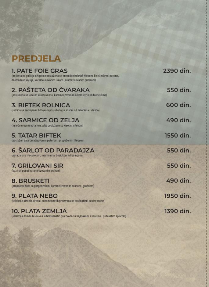 Menu at Restoran „Nebo i Zemlja“ restaurant, Belgrade
