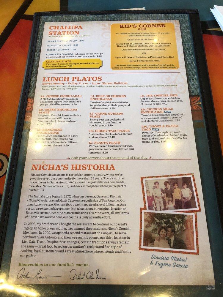 Menu at Nicha's Comida Mexicana - Southside restaurant, San Antonio ...