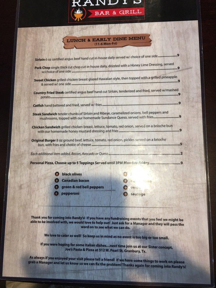 Menu at Randy's Bar & Grill, Granbury, E US Hwy 377