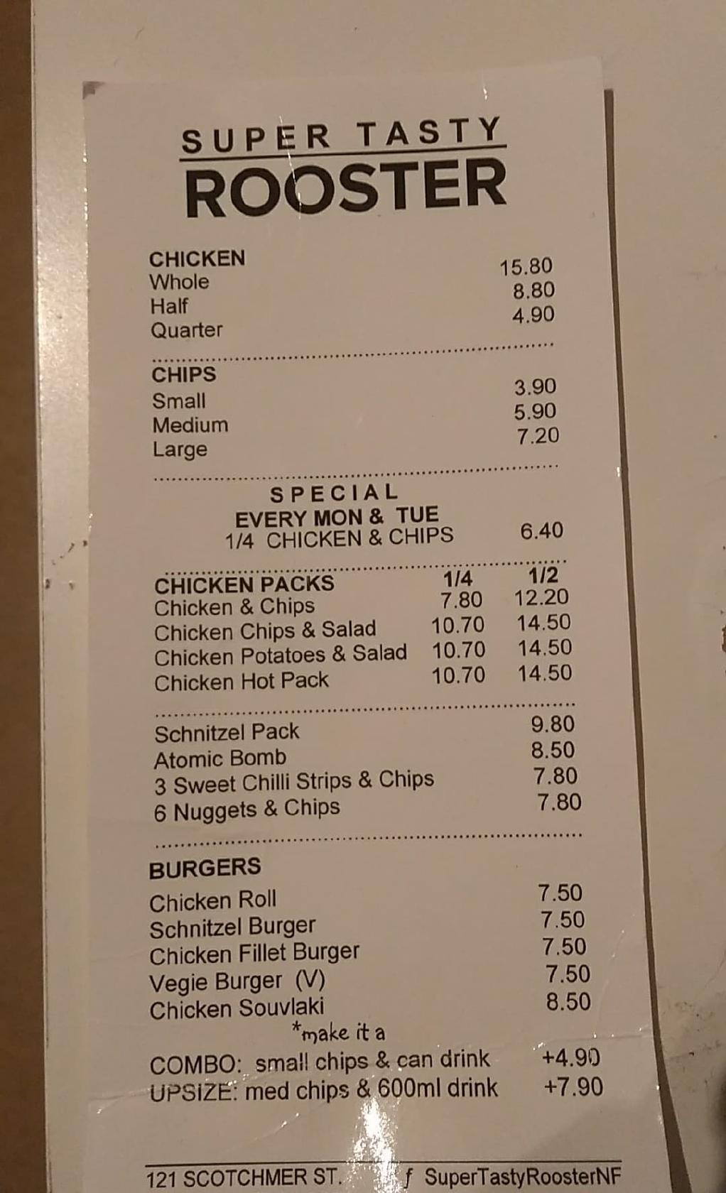 Menu at Super Tasty Rooster fast food, Fitzroy North