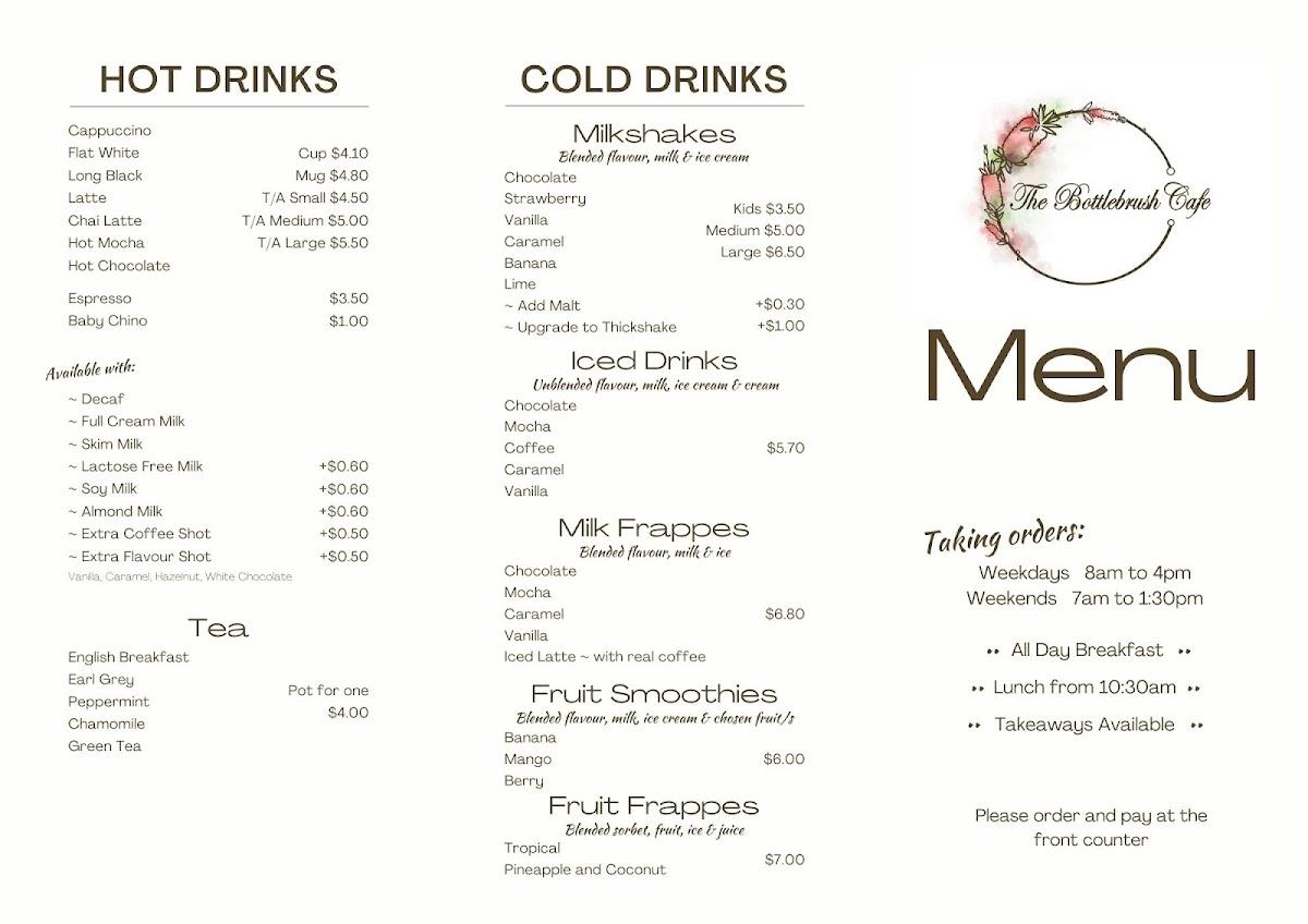 Menu at The Bottlebrush Cafe, Pittsworth