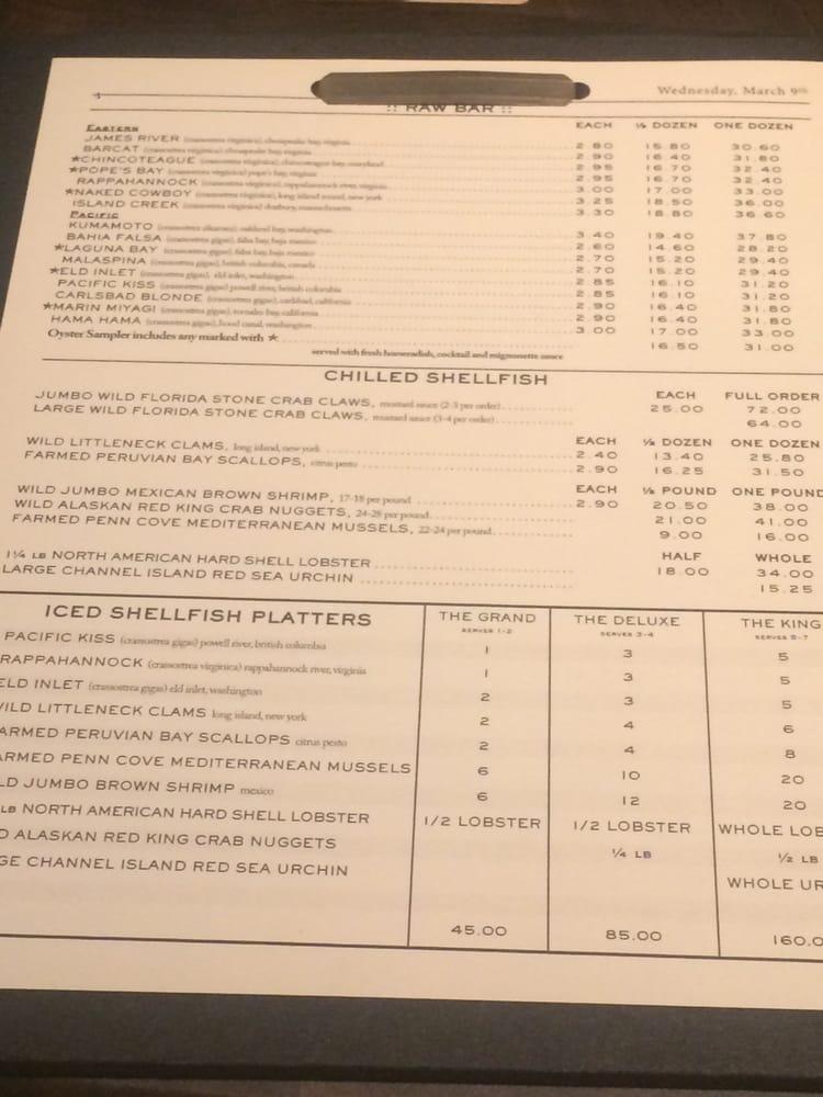 Menu at Water Grill restaurant, Santa Monica, Ocean Ave