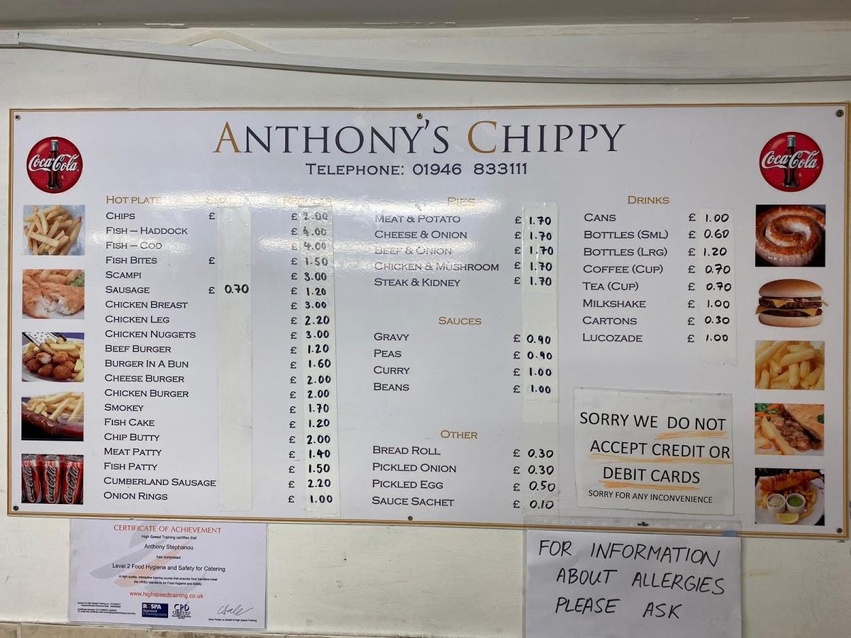 Menu at Anthony's Chippy restaurant, Workington