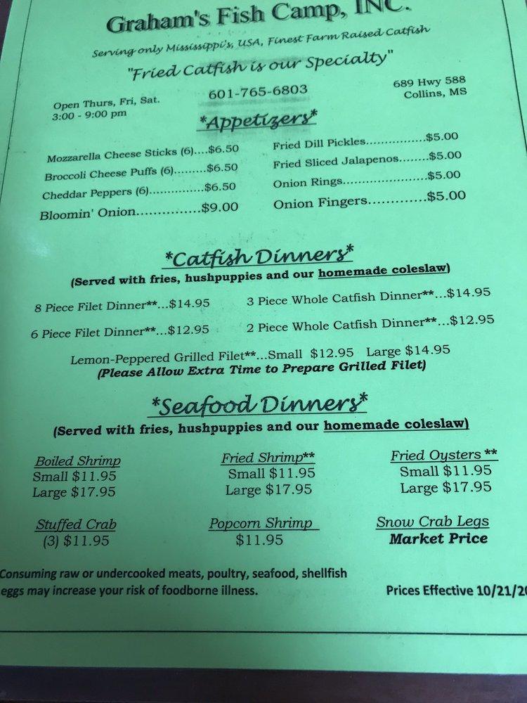 Menu at Graham's Fish Camp restaurant, Collins