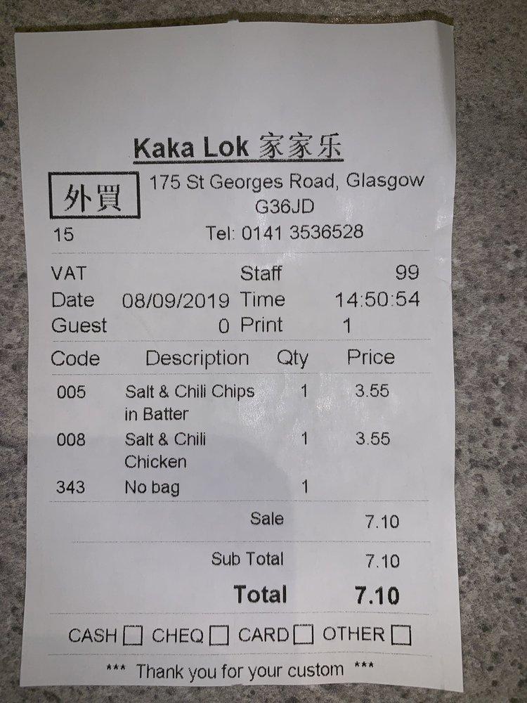 Menu at Ka Ka Lok Chinese Restaurant, Glasgow