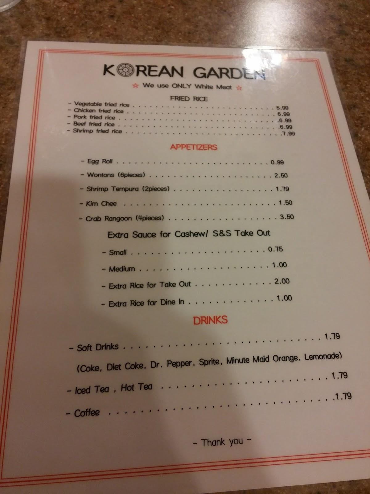 Menu at Korean Garden restaurant, Willard