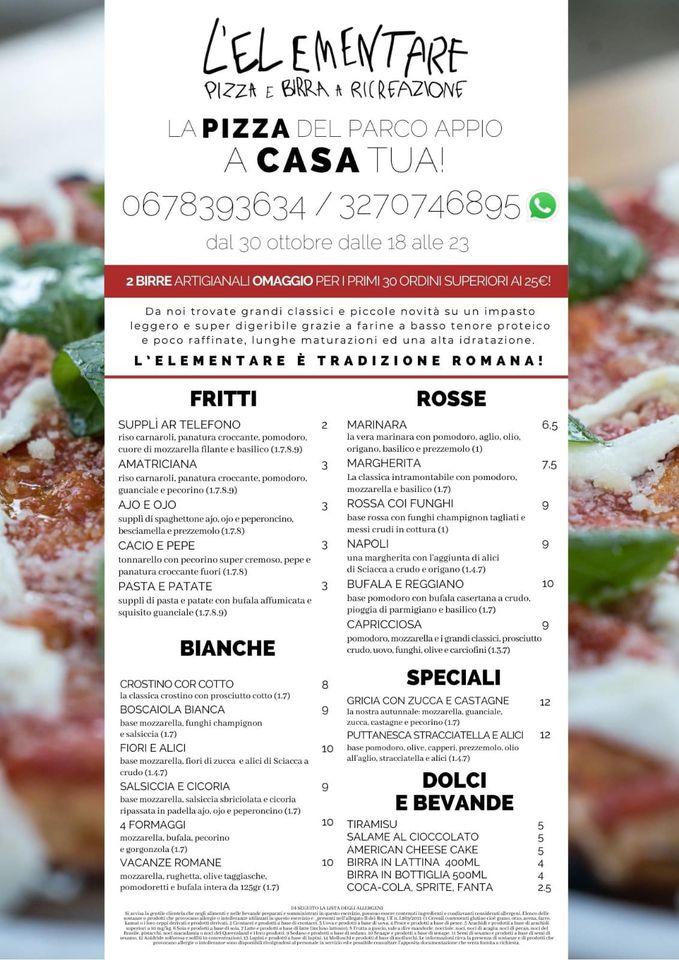 Menu at L'Elementare - Trastevere restaurant, Rome