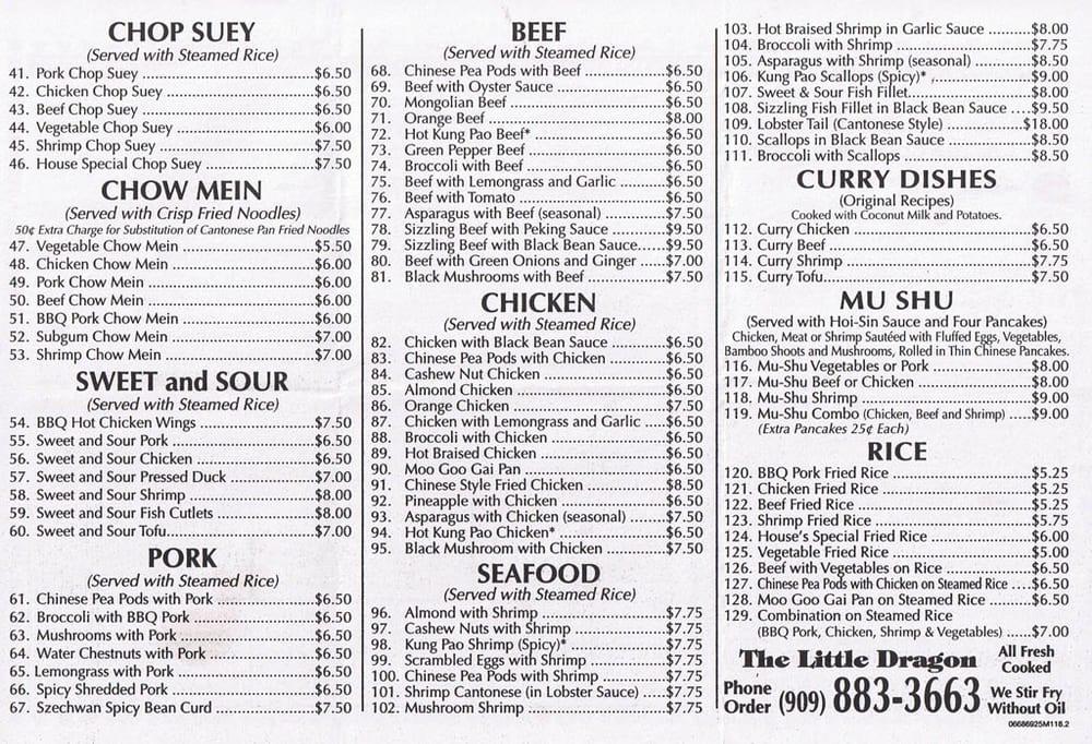 Menu at Little Dragon Chinese Cantonese Restaurant, San Bernardino