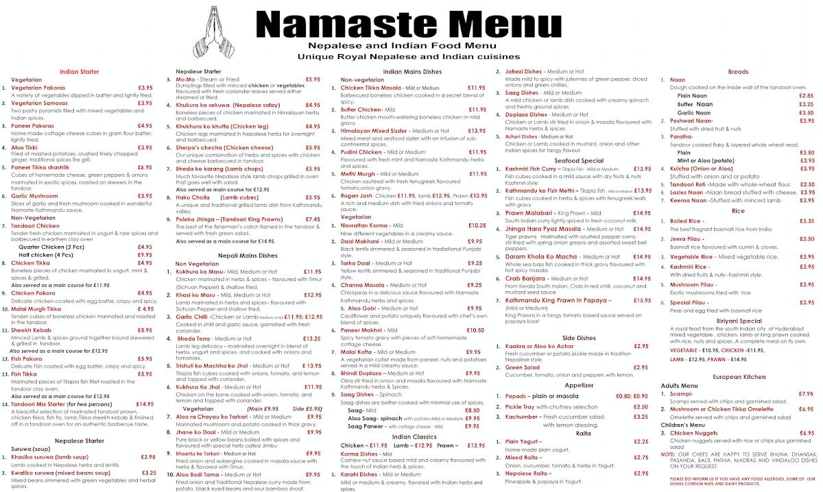 Menu At Namaste Kathmandu Restaurant Edinburgh