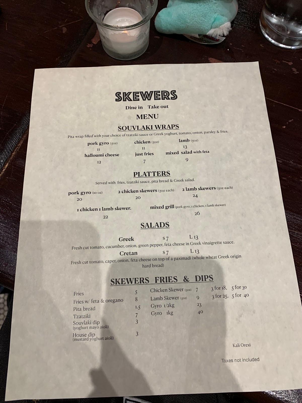Menu at Skewers Souvlaki Pita Bar, Vancouver