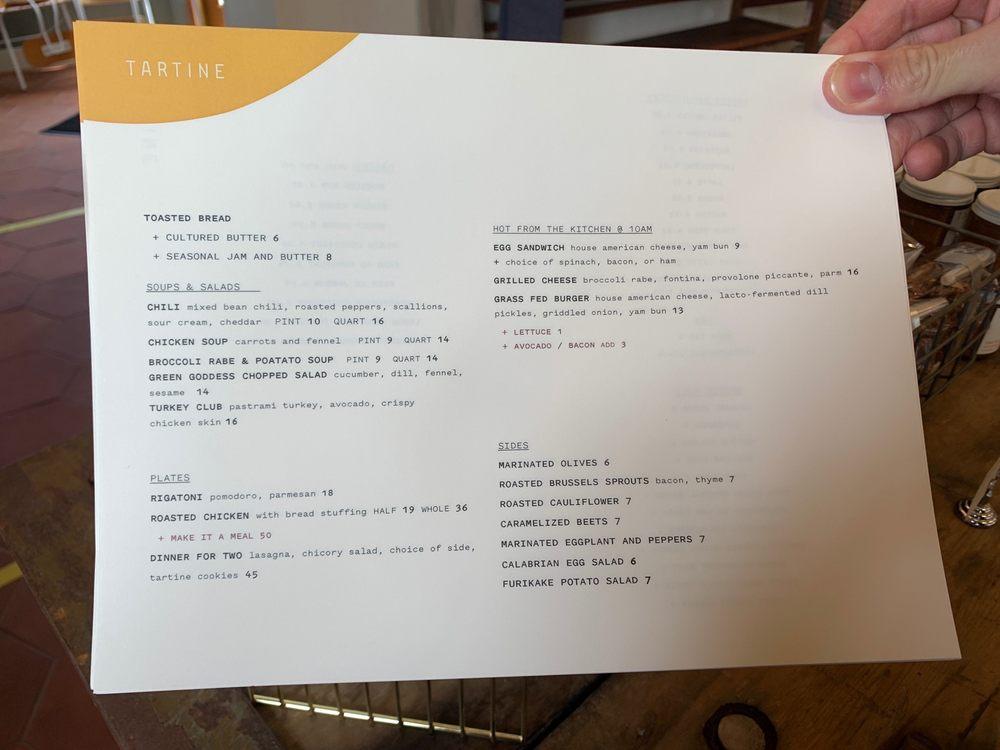 Menu at Tartine Santa Monica restaurant, Santa Monica
