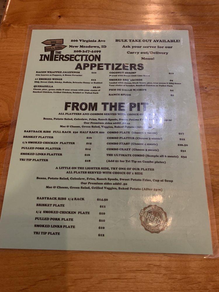 Menu at The Intersection BBQ, Bar & Grill, New Meadows