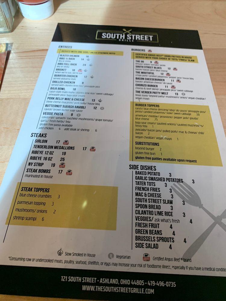 Menu at The South Street Grille steakhouse, Ashland