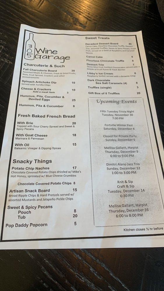 Menu at AJ's Wine & Dine Garage aka305 Wine Garage Inc pub & bar, Fortville