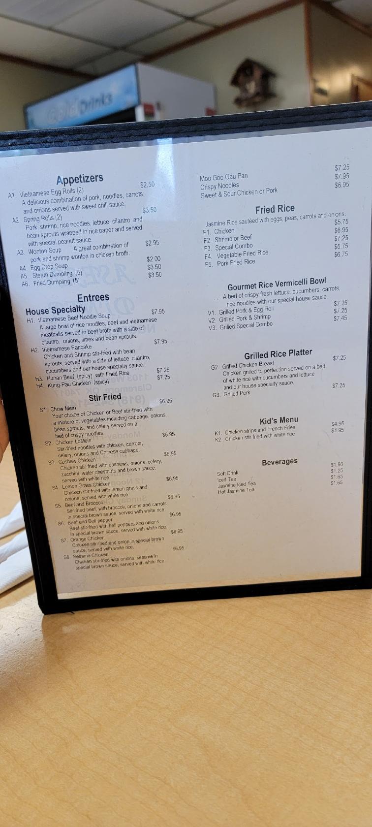 Menu at Asean Diner restaurant, Claremore