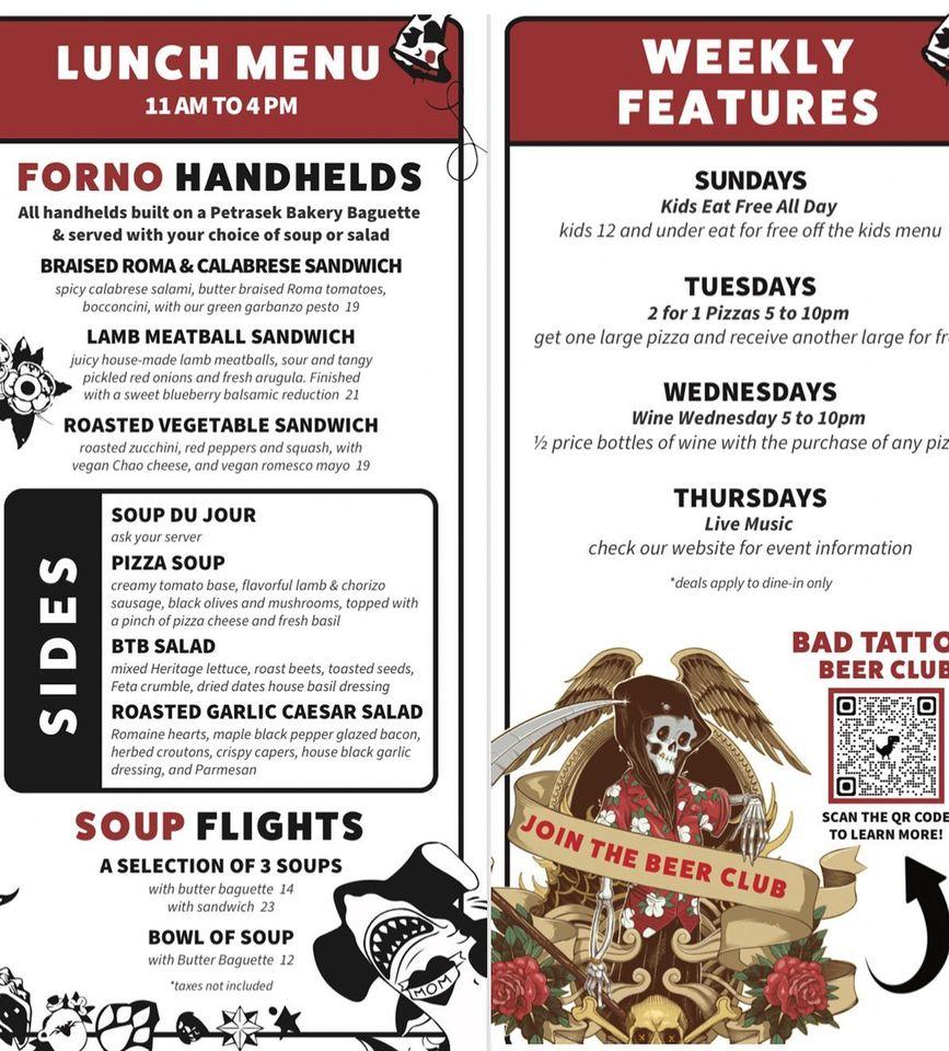 Menu at Bad Tattoo Brewing pizzeria, Penticton