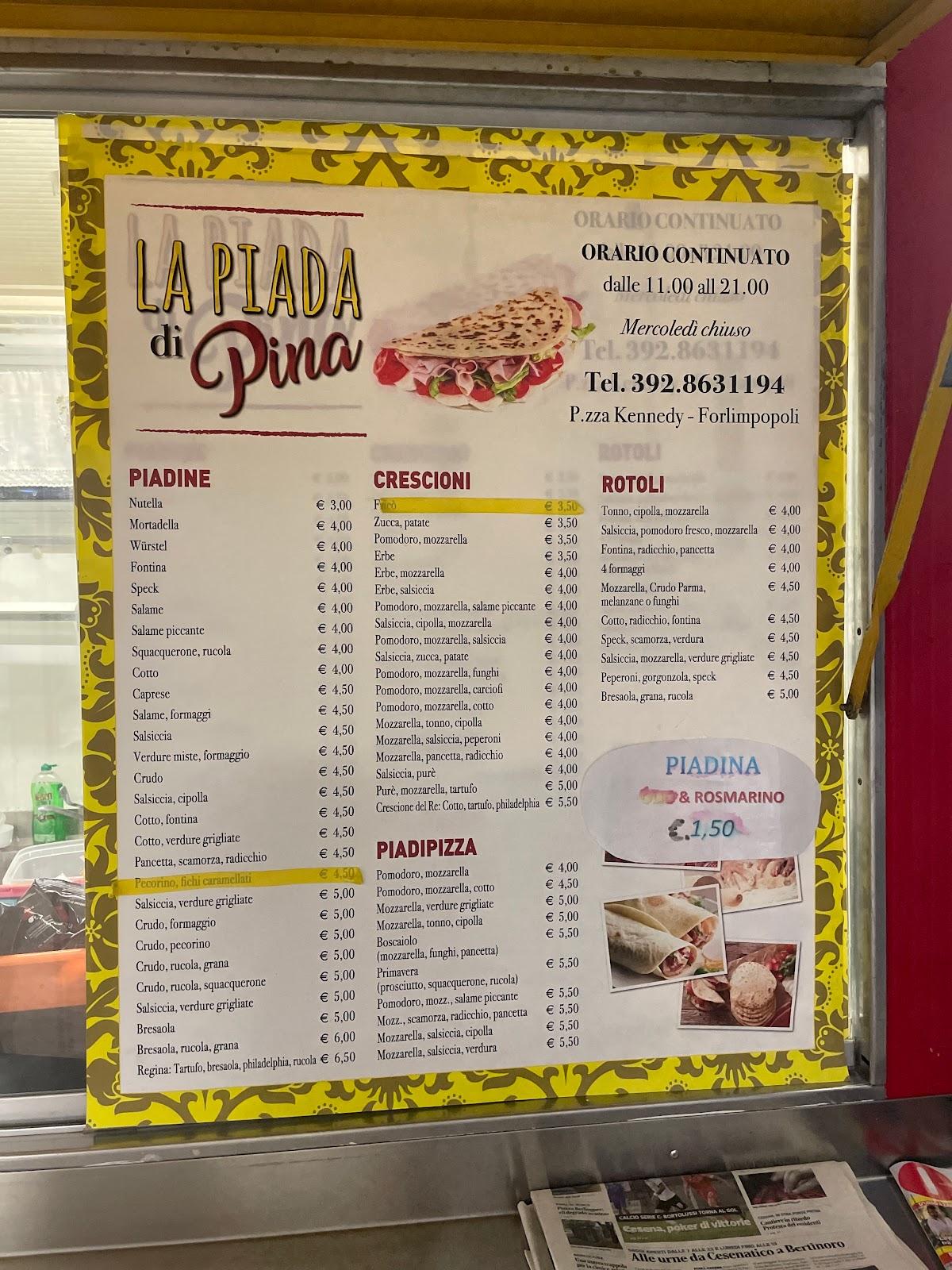 Menu da La Piada di Pina ristorante, Forlimpopoli