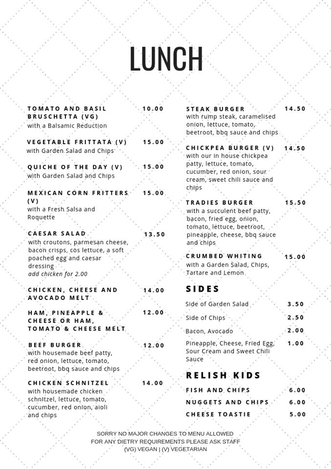 Menu at Relish Coffeehouse cafe, Cooranbong