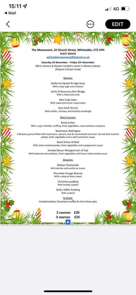 Menu at The Monument pub & bar, Whitstable