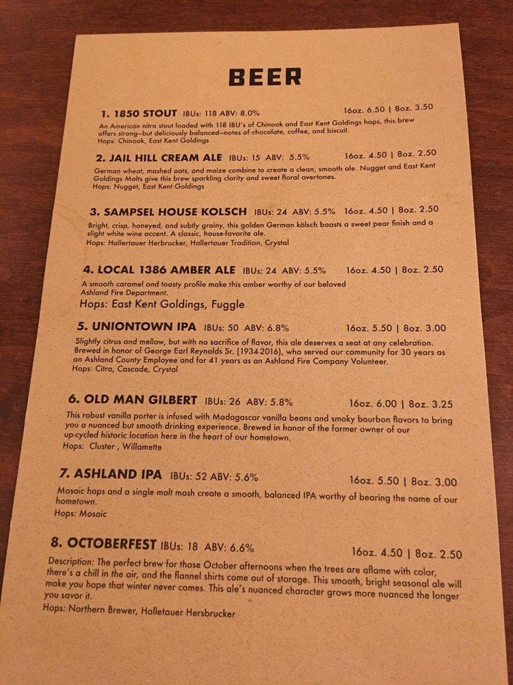 Menu at Uniontown Brewing Co. restaurant, Ashland