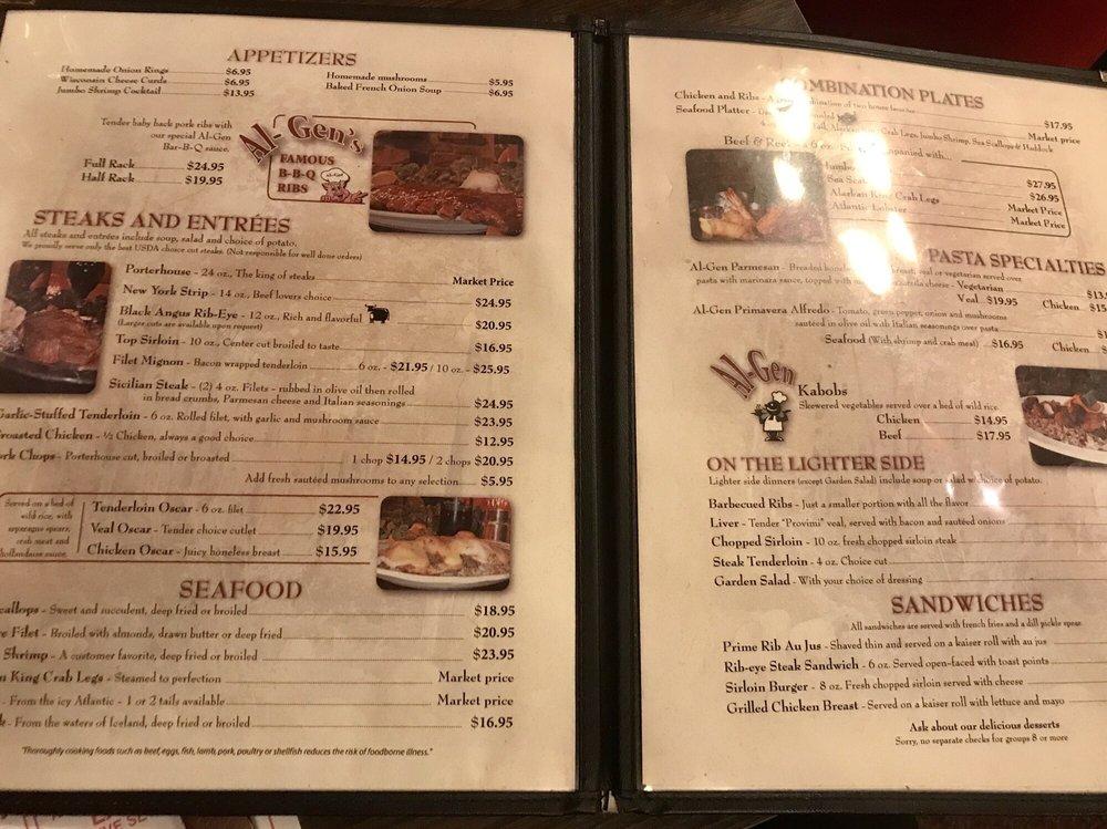 Menu at Al-Gen Dinner Club, Rhinelander