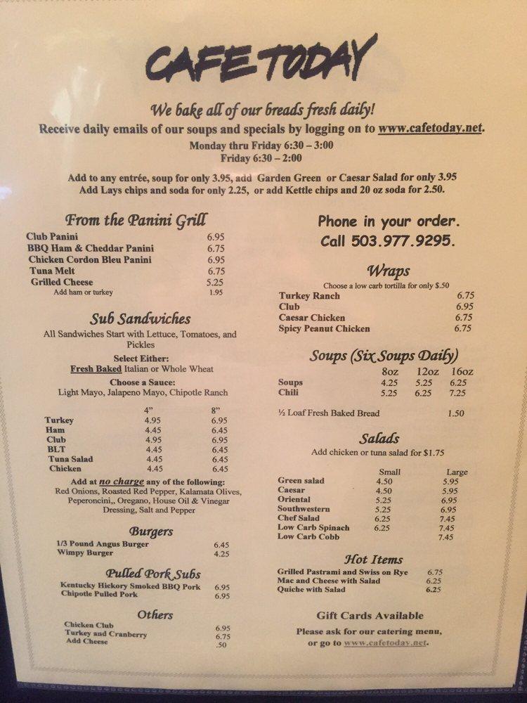 Menu at Cafe Today One At Lincoln Center, Portland